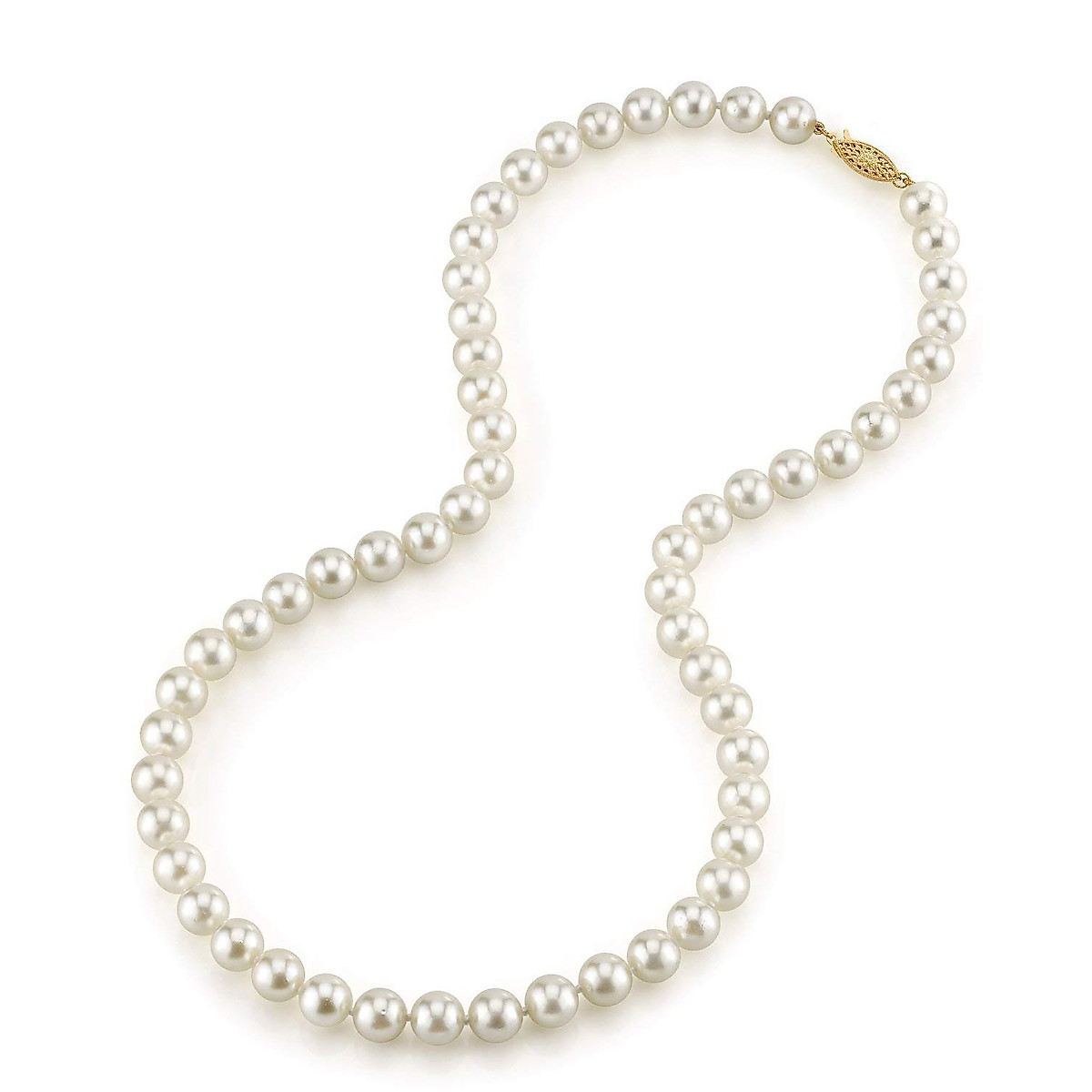 The Pearl Source 14K Gold 7.0-7.5mm AAA Quality Round Genuine White Japanese Akoya Saltwater Cultured Pearl Necklace in 18" Princess Length for Women