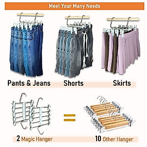 Magic Pants Hangers Space Saving - 2 Pack for Closet Multiple Skirt Hangers with Clips - Closet Organizers & Storage 5 Tier Short Hanger Jean Organizer