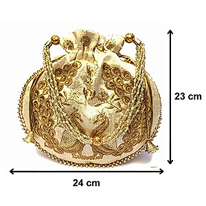Indian Ethnic Designer Embroidered Silk Potli Bag Batwa Pearls Handle Purse Clutch Purse for Women Evening Party (White)