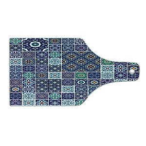 Ambesonne Ethnic Cutting Board, Traditional Mosaic Azulejo Portuguese Cultural Ceramic Tiles Folk Design, Decorative Tempered Glass Cutting and Serving Board, Wine Bottle Shape, Navy Blue