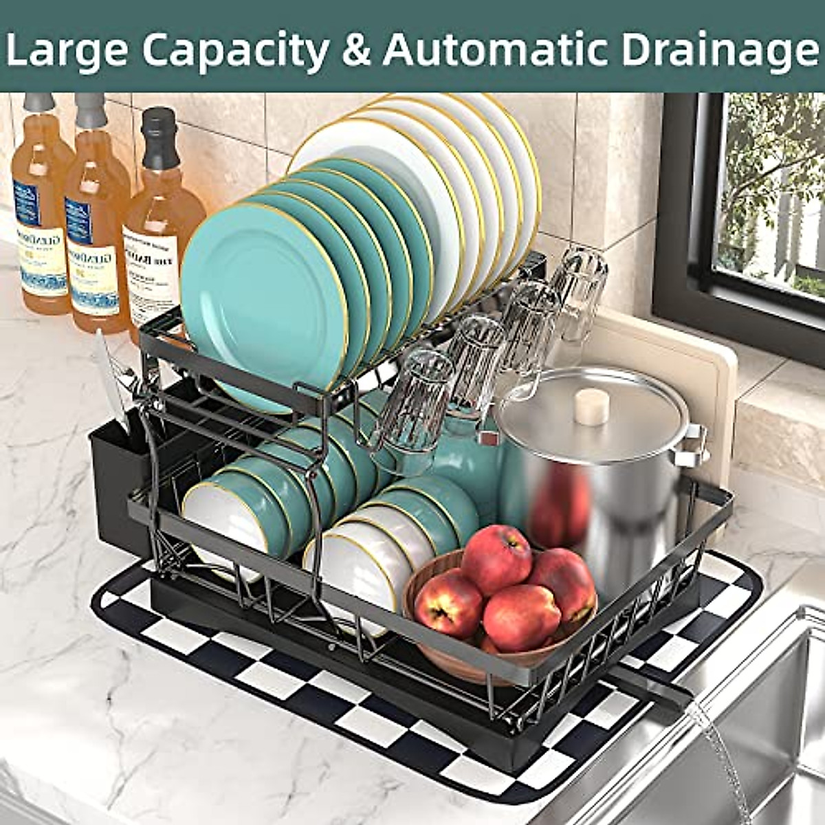 SUPPNEED Dish Drying Rack with Drainboard, 2-Tier Dish Racks for Kitchen Counter, Dish Strainers with Extra Drying Mat , Utensil Holder , Cutting Board Holder ,Wine Glass Holder, Black