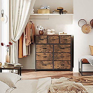 WLIVE Fabric Dresser for Bedroom with 9 Drawers, Tall Chest of Drawers, Storage Tower, Organizer Unit with Fabric Bin, Steel Frame, Wood Top for Nursery, Closets, Rustic Brown Wood Grain Print