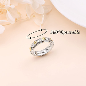 Ladytree Anxiety Spinner Rings Sunflower You Are My Sunshine Fidget Ring Sterling Silver ADHD Stress Relieving Engagement Wedding Promise Band Mothers Day for Mom Daughter Size 7