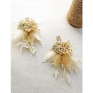 Dried Flowers Boutonnieres Set of 2 for Men Boho Fall Wedding Grooms Buttonhole Rustic Best Man Pampas Grass Dry Flower Decoration (Beige)