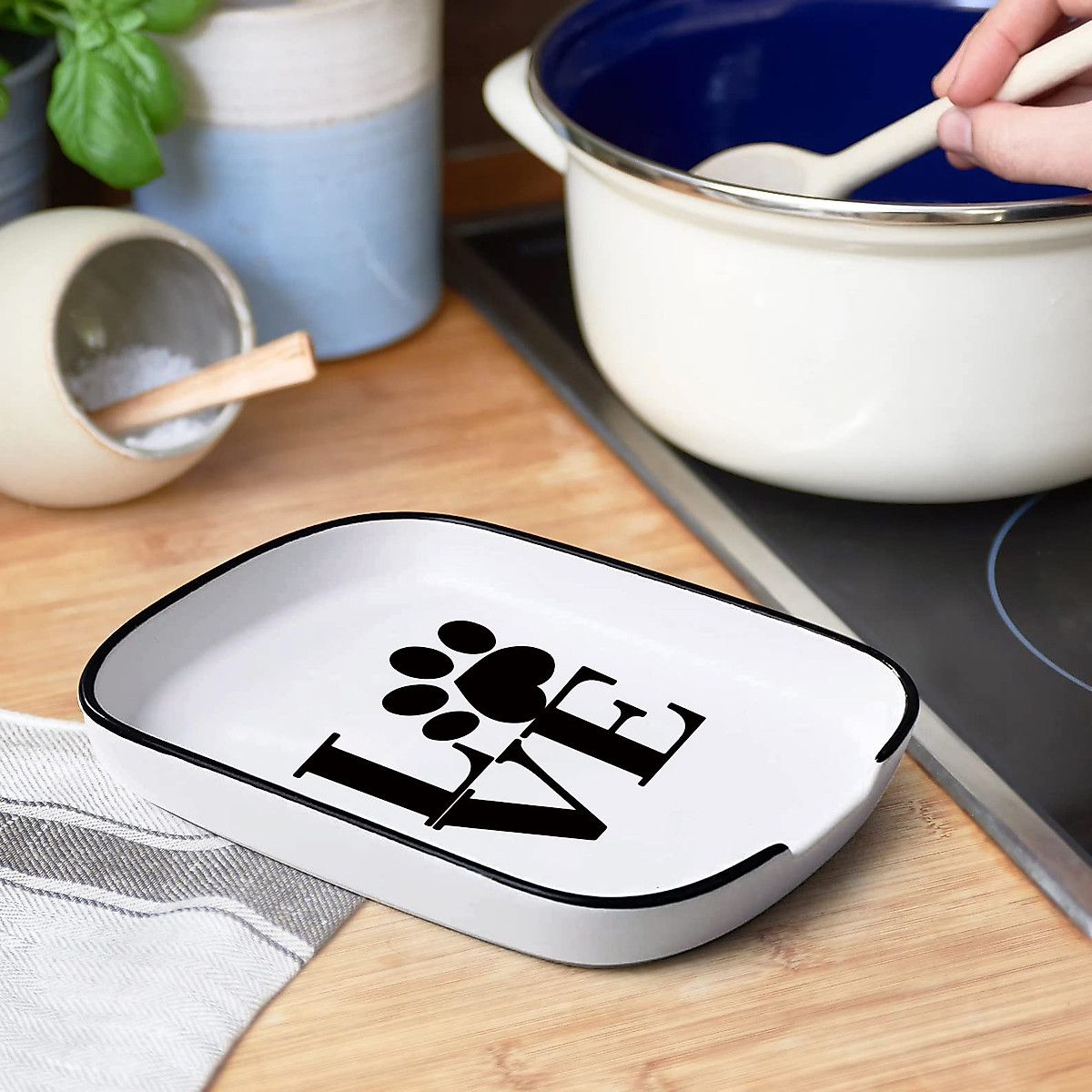 Ceramic Patterned Fork Spoon Rest with Message Love, Functional Kitchenware Spoon Rest Suitable for Kitchen Countertop Stove Top Kitchen Accessory and Gift for Cooking Enthusiasts