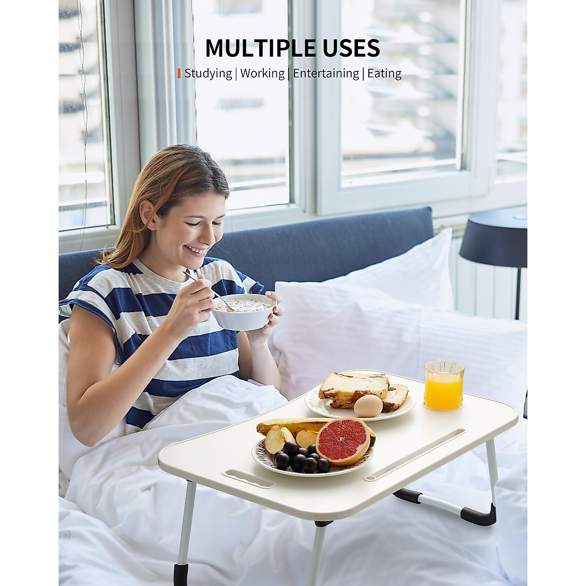 FISYOD Foldable Laptop Table, Portable Lap Desk Bed Table Tray, Laptop Stand with Cup Holder & Tablet Slot & Lifting Handle for Working Writing Drawing & Eating (White)