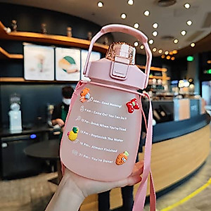 excvalues Kawaii Water Bottle with Strap, Large Capacity Cute Water Bottles with 3D Stickers, Portable Big Belly Bottle for School Outdoor Camping(Pink)
