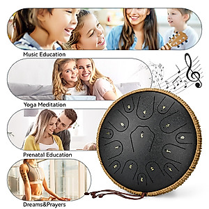 14 Inch 15 Note Steel Tongue Drum Qingshi Percussion Instrument Hand Pan Drum with Drum Mallets Carry Bag，Used for music education concert spiritual healing yoga meditation (14 Inch 15 Note-Green)