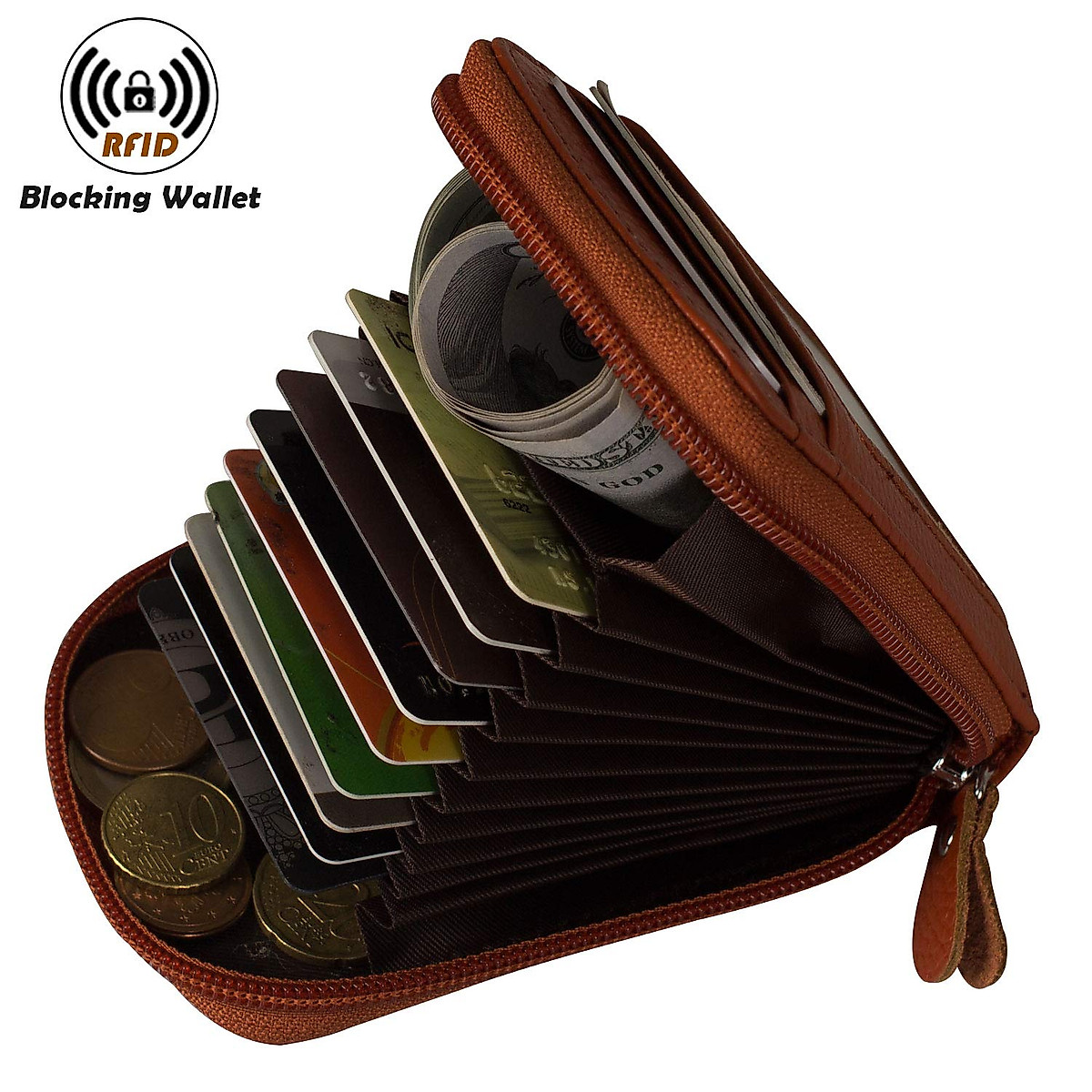 Noedy RFID Blocking Credit Card Case Organizer Genuine Leather Zip-Around Security Wallet Brown