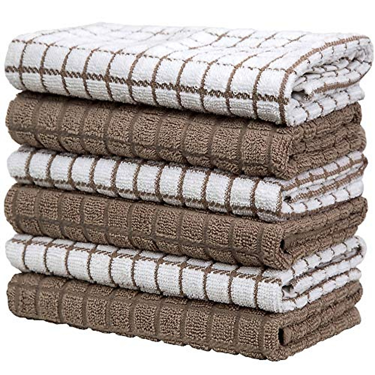 Kitchen Towels 16"x 28" | Dish Towels | Kitchen Hand Towels | Large Dishcloths Set | Highly Absorbent Tea Towel, Soft with Hanging Loop | Natural Ring Spun Cotton, 380 GSM | Tan Check Design - 6 Pack