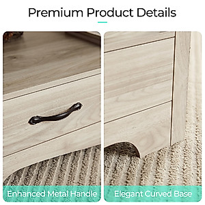 LINSY HOME Farmhouse Coffee Table with Storage, Wood Coffee Table for Living Room, Open Display Area and Storage Drawers with Metal Handles, Chic Style with Curved Base. Oak and Brown