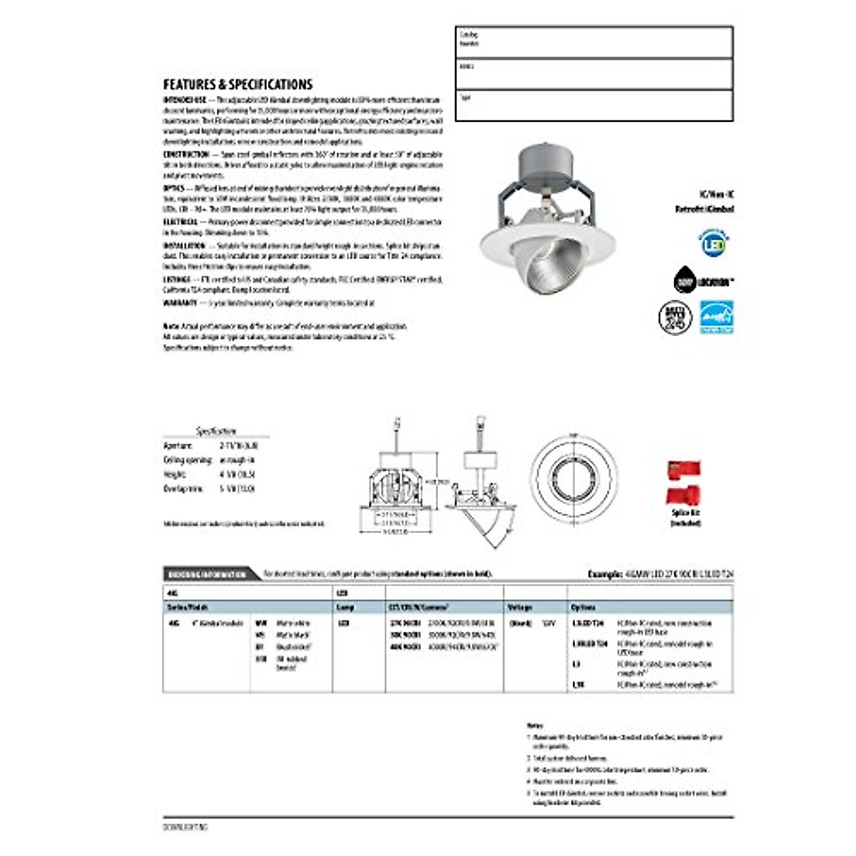 Lithonia Lighting 4IGMW LED 30K 90CRI M6 640 lm 3000K LED iGimbal Module, 4", Matte White