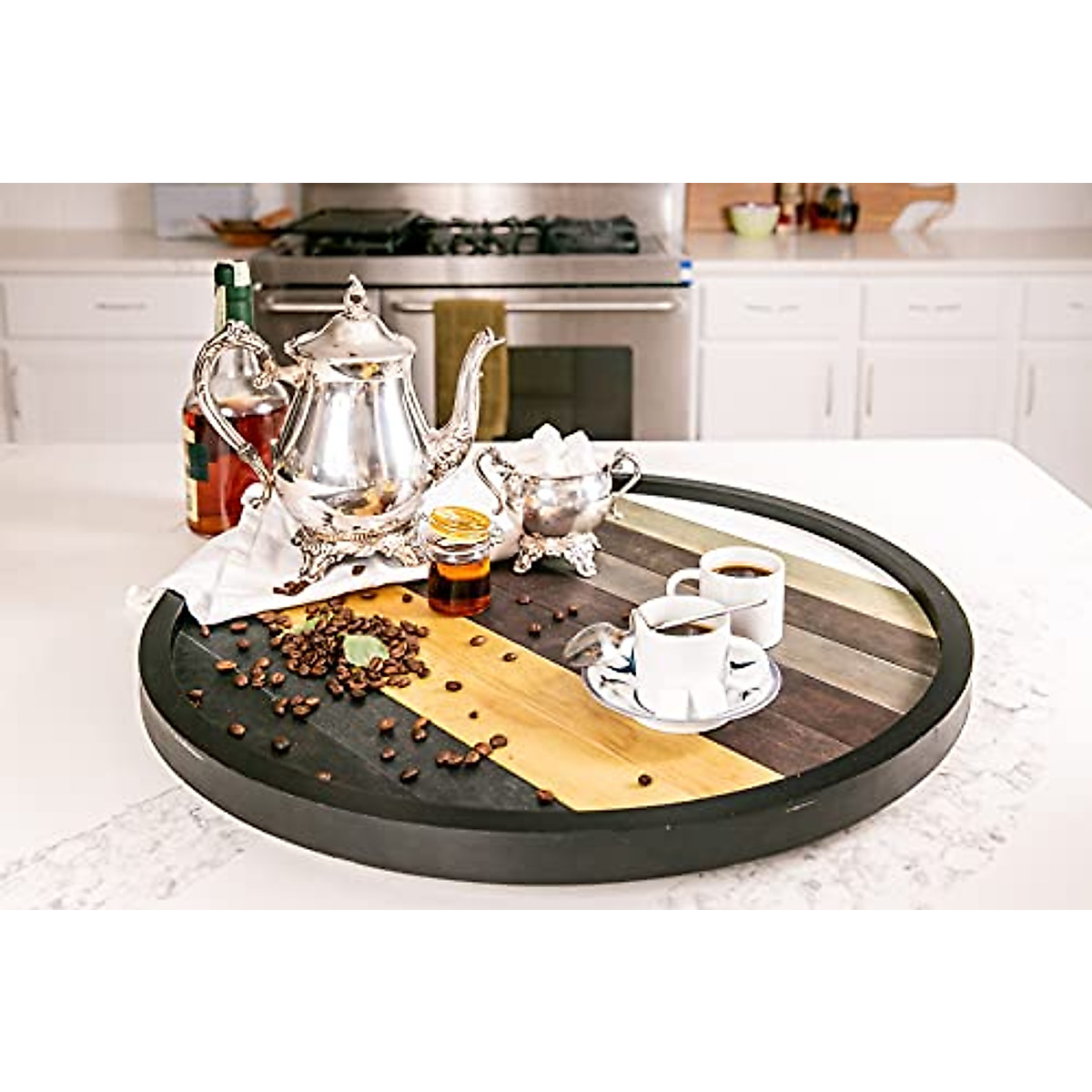 HOME BREEZES Extra Large Wooden Lazy Susan- Round Wood Ottoman Turntable Tray, Serve Tea, Coffee, or Breakfast in Bed, Classic Circle Wooden Tray for Tabletop, Decorative Serving Tray.
