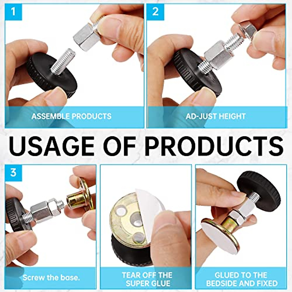 4 PCS Adjustable Threaded Bed Frame Anti-Shake Tool,Headboard Stoppers Fixer with Anti-Shake Hex Nut,Bedside Antishake Telescopic Support Stabilizer for Beds Room Wall Cabinets Sofas Cabinets Desks