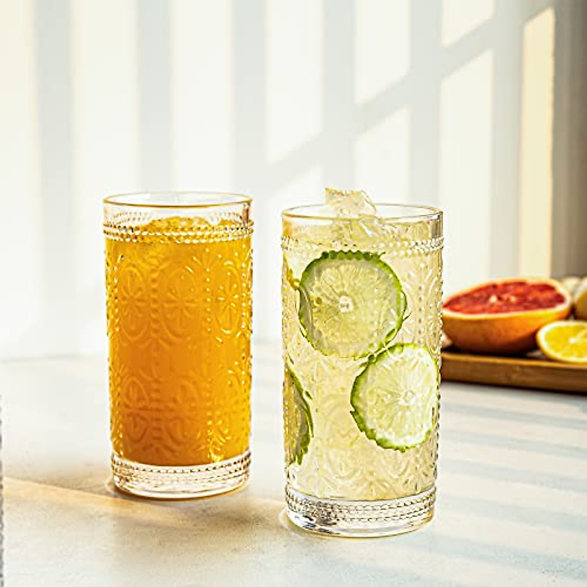 SoulTimes Vintage Glassware Embossed Glass Cups Set of 4, 12 oz Romantic Water Glasses, Highball Beverage Glasses Cup, Cocktail Glasses Drinking Glasses, for Juice, Beverages, Cocktail, Water