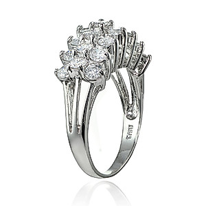 Hoops & Loops 925 Sterling Silver Cubic Zirconia Three Row Half Eternity Anniversary Fashion Statement Wedding Bridal Ring for Women, Teen Girls, Silver Size 7