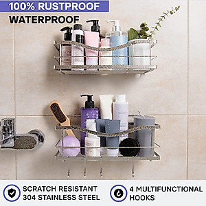 iLikeNew Luxury Multipurpose Storage Caddy, 12.75W x 5D x 5H inches, 4 Hooks, Peel and Stick, Rustproof Stainless Steel, Shower Organizer, Under-Sink, Spice Rack Wall Shelf (1)