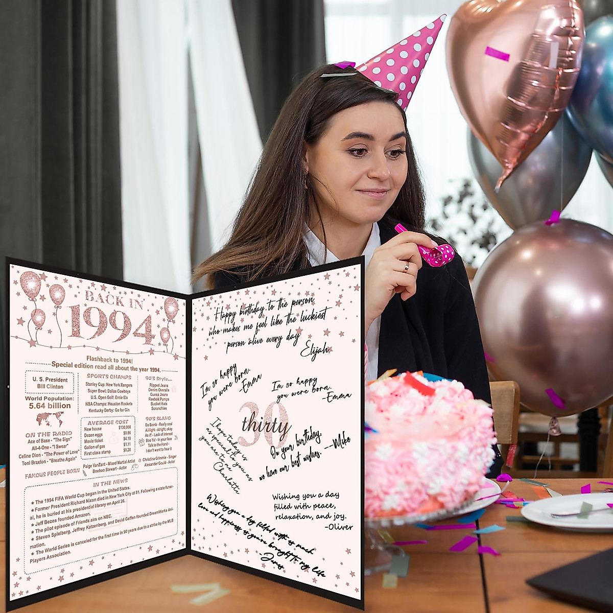 Crenics 30th Birthday Gift for Her, Creative Back in 1994 Birthday Poster, Giant 30th Birthday Guest Signature Book, Black and Pink 30 Anniversary Birthday Decorations Party Supplies for Women