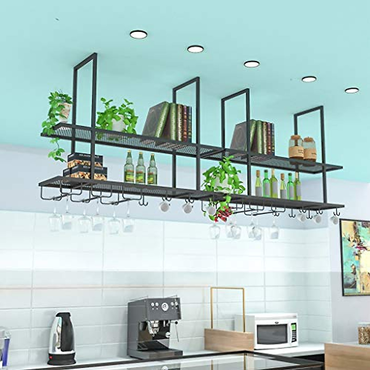 MISTRARA European Style Hanging Shelf, 2-Layer Black Wrought Iron Ceiling Frame, Restaurant Bar Storage Rack, Upside Down Wine Glass Rack 3 Sizes (Size : 100 * 30 * 80cm)