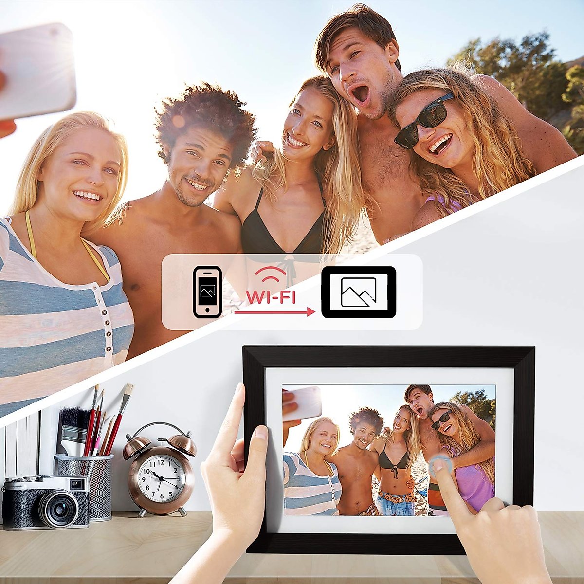 AEEZO WiFi Digital Picture Frame 10 Inch IPS Touch Screen FHD 2K Display Smart Cloud Photo Frame with 16GB Storage, Easy Setup to Share Photos & Videos, Auto-Rotate Frame (Black)