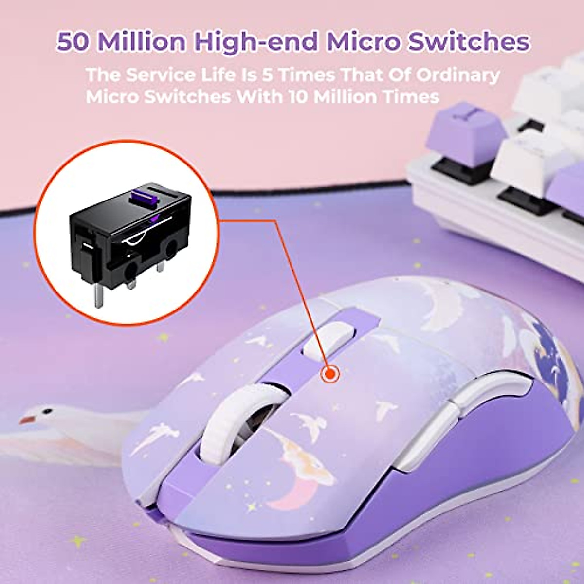 DAREU Dream Purple Wireless Gaming Mouse with Charging Dock Rechargeable RGB,12K DPI,7 Programmable Buttons High-Precision Sensor [300IPS] [1000Hz] for PC Notebook Mac