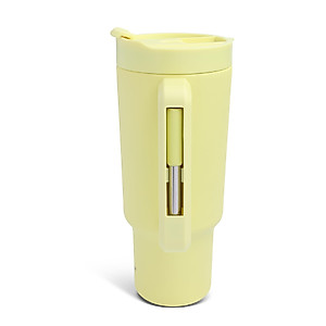 Manna Stainless Steel Double Wall Insulated Tumbler with Smart Seal Dual Sip Lid and Straw Fit Handle - 40 Oz - Yellow Powder Coat