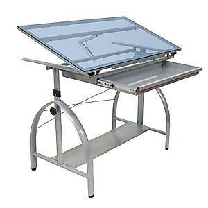 Offex Avanta Height Adjustable Blue Tempered Glass Top Drafting Table - Silver
