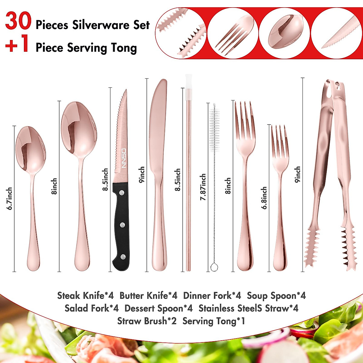 30 Pieces Rose Gold Silverware Sets Plus Serving Tong,Stainless Steel Flatware Set with Metal Straw for 4, DSNN Home Kitchen Utensil Cutlery Set,Include Forks Spoons and Knives Set