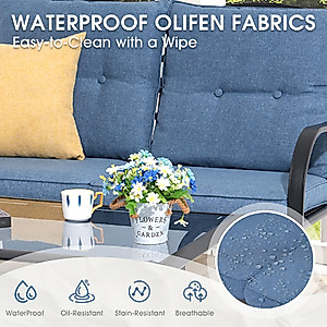 JARDINA 4 Pieces Patio Furniture Set, Metal Outdoor Patio Furniture, All-Weather Patio Conversation Set with Loveseat Sofa, 2 Swivel Chairs, Coffee Table and Cushions for Backyard Deck, Blue