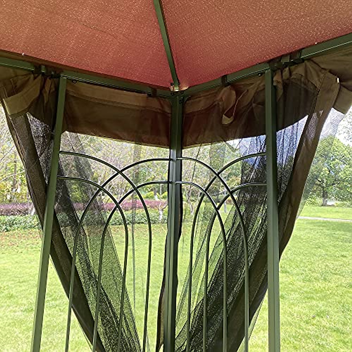 13' x 10' Gazebo for Patio with Mosquito Netting, Outdoor Canopy with Ventilated Double Roof and Corner Shelves, Pergolas for Shade and Rain with Metal Frame, Perfect for Backyard and Deck, Brown Top