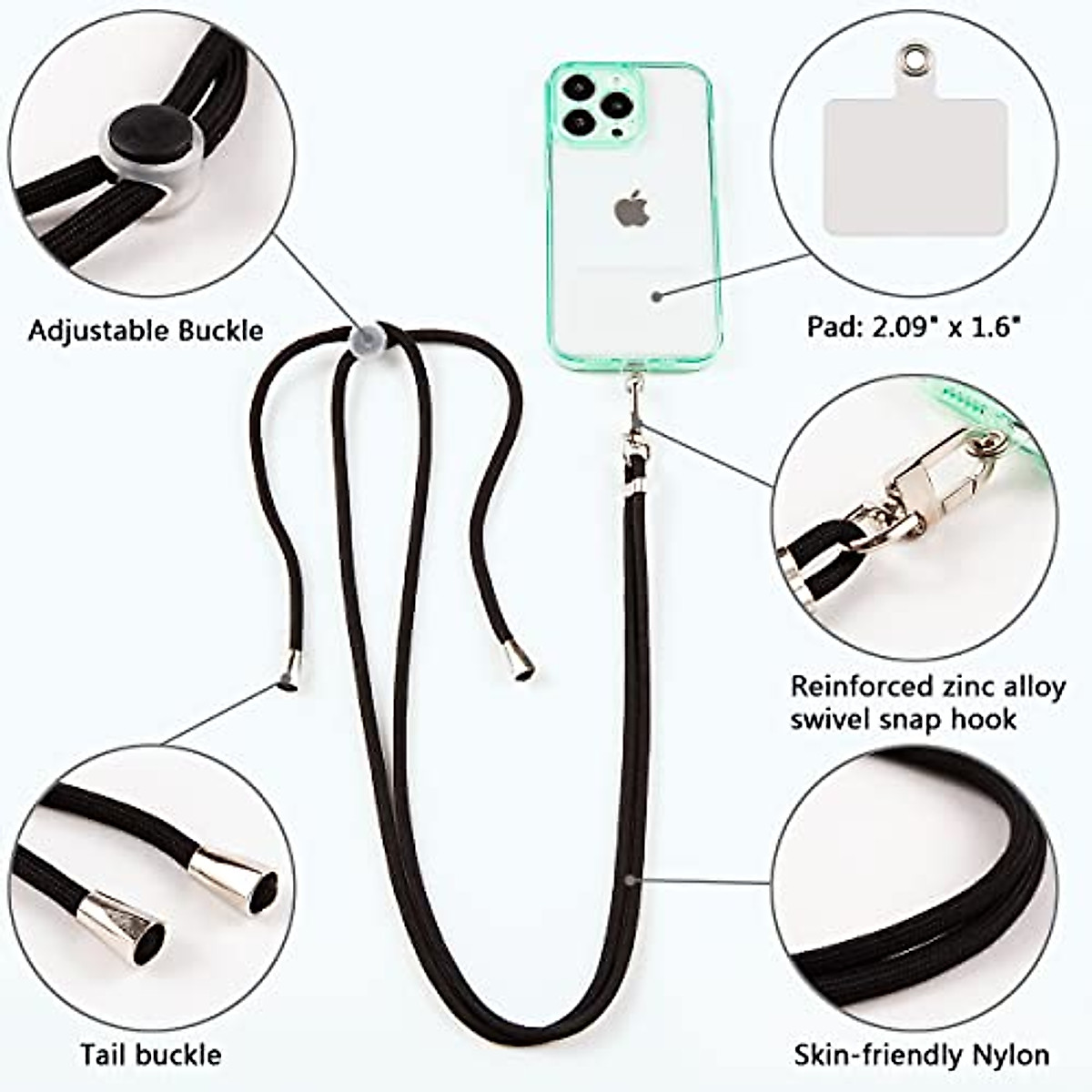 Transparent Patch Phone Neck Strap Compatible with Most Smart phones, for iPhone Lanyard Adjustable Mobile Phone Strap Black