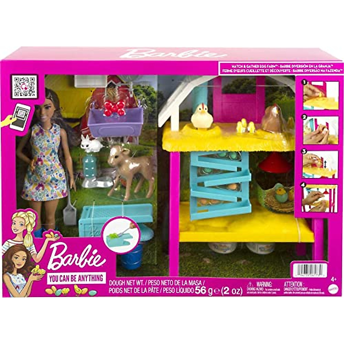 Barbie Doll & Playset, Hatch & Gather Egg Farm with Hatching Molds & Dough, Chicken Coop, 10 Animals & Accessories, Brunette Doll