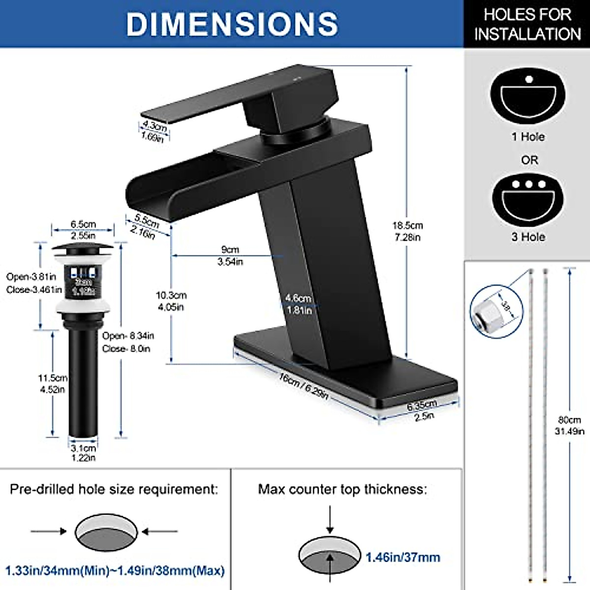 Matte Black Bathroom Faucet, Homikit Waterfall Bathroom Faucets for Sink 1 or 3 Holes, Modern Vanity Faucet with Single Handle Single Hole, Pop Up Drain, Deck Plate, 2 Water Supply Hoses
