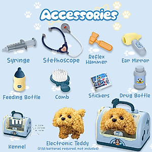 TEUVO Pet Care Playset Robot Dog Toys for Kids, 12Pcs Kids Vet Playset Toys Veterinarian Kit Doctor Kit & Interactive Electric Dog Plush & Cage Pretend Play Gifts for Girls Toddlers 3 4 5 6 7 Year Old