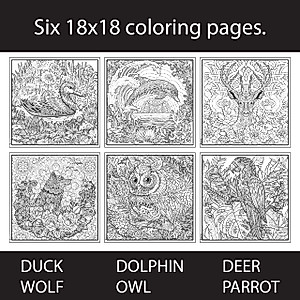 Young N Refined 6 Pack of Large Adult Coloring Poster Pages Animals Made of Mandala Floral (18x18)