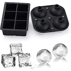 Samuelworld Large Silicone Premium Ice Trays, 2-Pack Combo, 2 Inches Big Ice Cube Tray & 2.5 Inches Large Ice Sphere - BPA Free, Craft Ice Maker for Gifting, Whiskey, Cocktails, Easy Release - Black