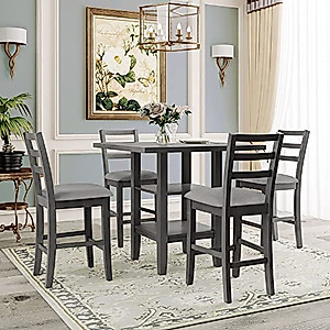 Merax 5 Piece Counter Height Dining Table Set with 4 Chairs for Small Space Kitchen Dining Table with Shelf for Storage Farmhouse Dining Set