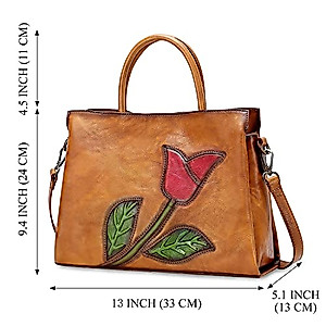 CHERISH KISS Soft Genuine Leather Satchel Bags for Women Purses and Handbags Vintage Embossed Floral Shoulder Bag(K7 Brown)