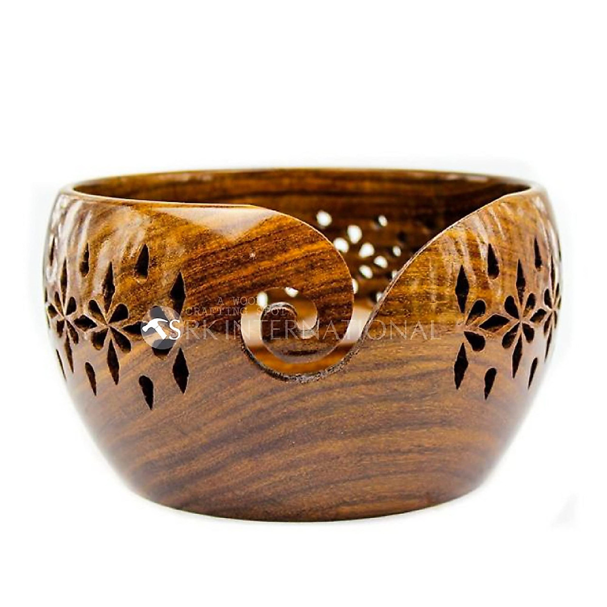 SRK International Rosewood Crafted Wooden Yarn Storage Bowl with Carved Holes & Drills | Knitting Crochet Accessories | Medium - 7 X 3, Brown (SB - 202)