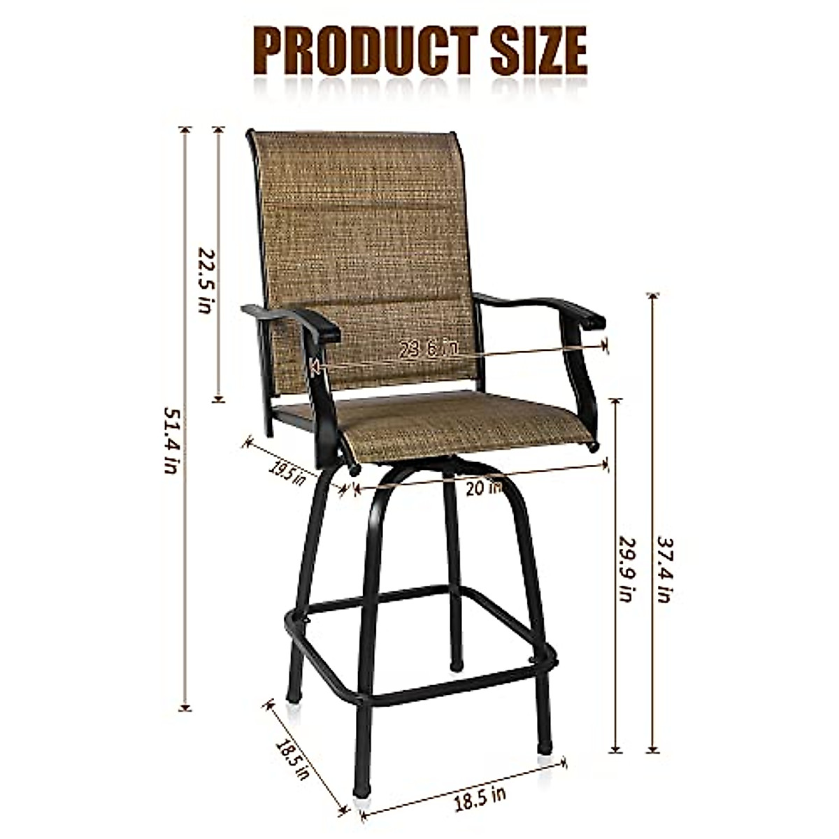 Bigroof Outdoor Swivel Bar Stools Set of 4, Bar Height Patio Chairs with Backs and Arms, All-Weather Textilene Padded Patio Furniture for Outdoor Porch, Deck, Yard, Lawn & Garden (4)