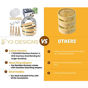 YJ DESIGNS 12 Pcs Stainless Steel Bamboo Steamer Basket Complete Kit- 10 inch (2 Tiers) - Dumpling Steamer Veggie Bamboo basket - Vegetable Food Steamer for Cooking - Rice steamer - Steam Pot Basket