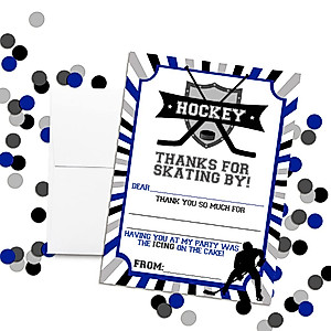 Blue & Gray Hockey Birthday Party Thank You Notes, Ten 4" x 5.5" Fill-In The Blank Cards with 10 White Envelopes by AmandaCreation