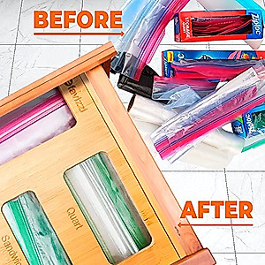 Favizzi Drawer Storage Organizer for Ziploc Bags, Premium Bamboo Kitchen Drawer Bags Organizer and Dispenser, Fits Gallon, Quart, Sandwich and Snack Bags