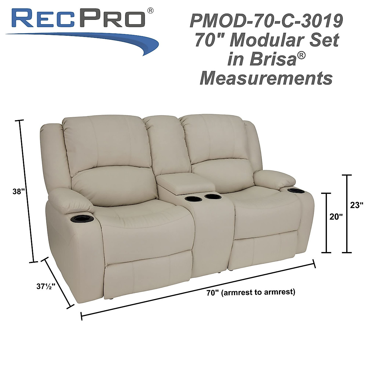 RecPro RV 70" Powered Sofa Recliner & Console | Loveseat with Cupholders | Ultrafabrics Brisa (Birch)