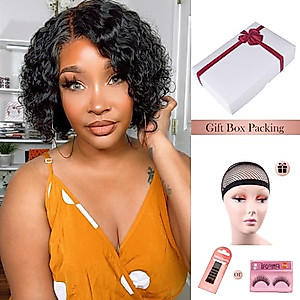 WIGER Short Lace Front Wigs Human Hair for Women Short Curly Bob Wig Black Wavy Lace Wig Black Pixie Cut Wig Brazilian Virgin Human Hair Curly Wigs 180% Density Side Part