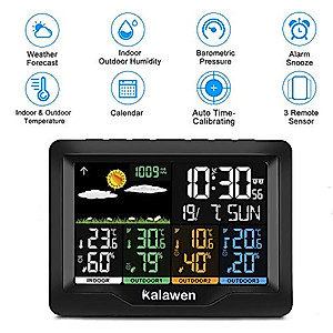 Kalawen Home Wireless Weather Station Multiple Sensors with Atomic Clock, Indoor/Outdoor Thermometer Wireless Humidity Barometer Monitor