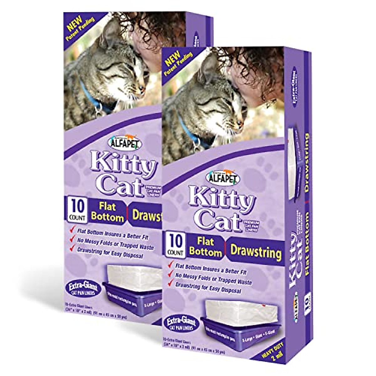 Alfapet Flat Bottom Cat Litter Box Liners, Pack of 20 - Super Heavy Duty Kitty Litter Bags with Drawstring for Poop and Liquid Waste - Jumbo Design for Extra Large Cat Pans