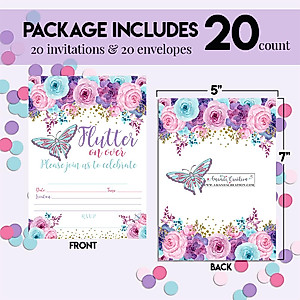 Amanda Creation Watercolor Floral Butterfly Birthday Party Fill In Style Invitations in pink, blue and purple. Set of 20 including envelopes