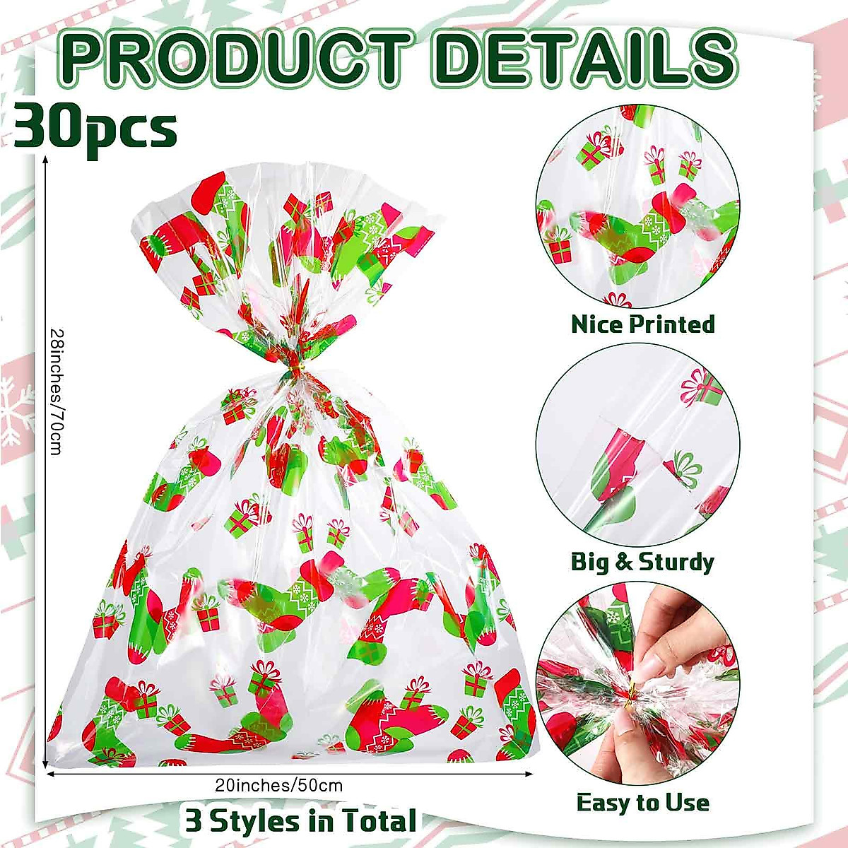 Cholemy 30 Pcs Christmas Large Cellophane Gift Basket Bags 19.7" x 27.6" Xmas Gift Bags Bulk Jumbo Holiday Plastic Gift Wrap Bags with 100 Twist Ties Snowflake Xmas Tree Goody Bags Xmas Party Supply