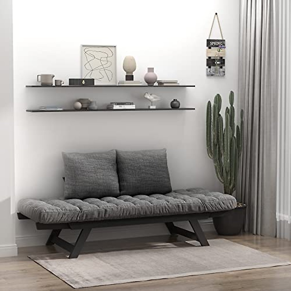 HOMCOM Single Person 3 Position Convertible Chaise Lounger Sofa Bed with 2 Large Pillows and Oak Frame, Dark Gray